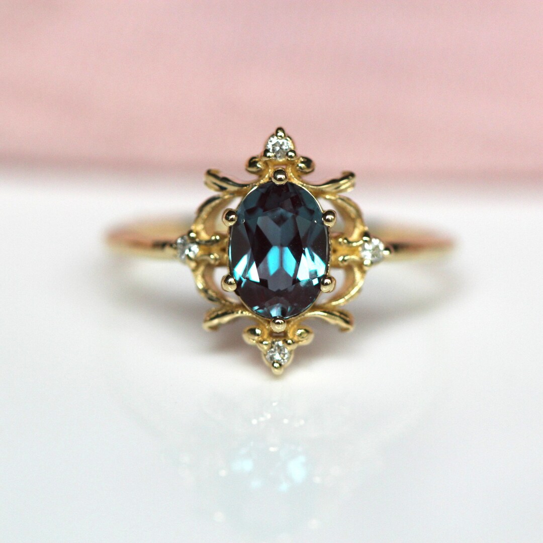 14K Gold Filigree Alexandrite Diamond Ring, June Birthstone, Oval Stone ...
