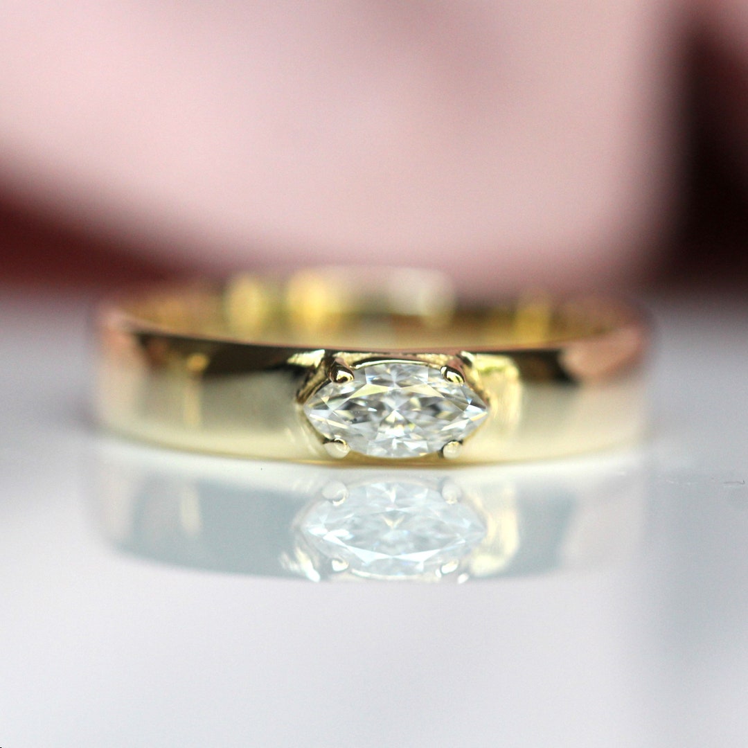 Solid Gold Diamond Marquise Wide Band, Wide Band Engagement Ring ...