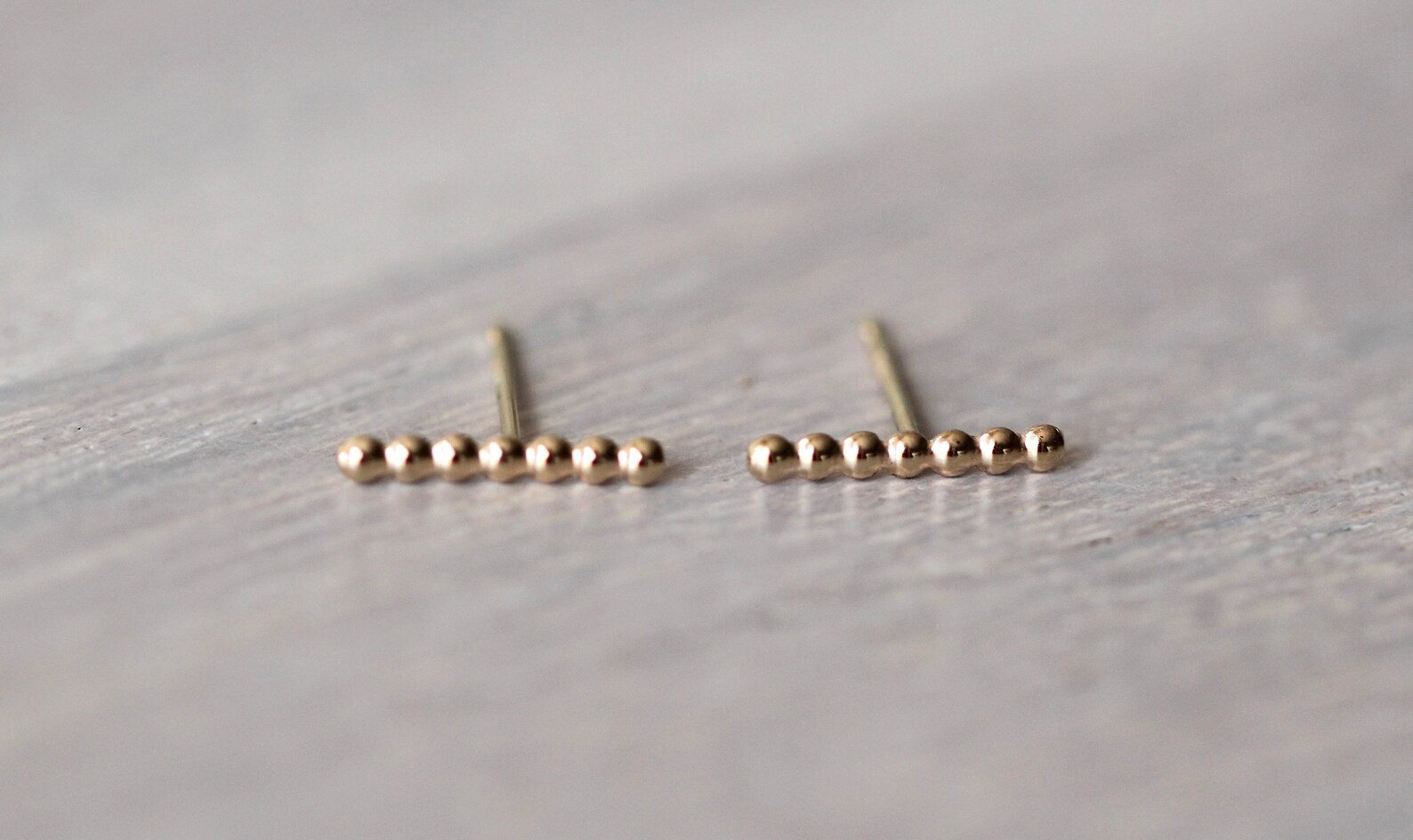 Solid 14K Gold Beaded Long Bar Studs Gold Studs Line Studs - Etsy