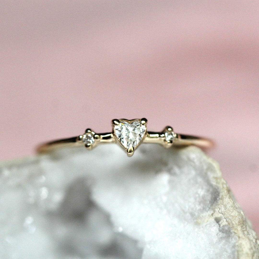14K Diamond Heart Ring, Three Stone Ring, April Birthstone, 10K Diamond Ring, Clear Stone Ring ...
