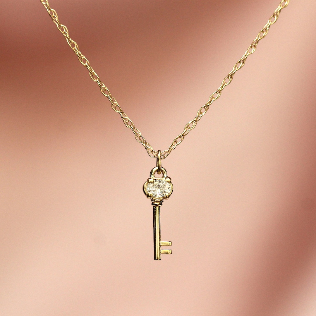 14K Gold Diamond Diary Key Pendant, Key Necklace, Skeleton Key Charm, Key Charm, Diamond Charm ...
