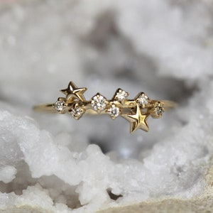 14K Gold Star Cluster Ring, Star Party Ring, Star Gaze, Star and Moon ...