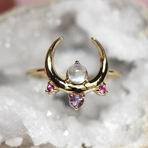 14K Crescent Moon Cluster Ring, 10K, Rainbow Moonstone, Pink Sapphire, Amethyst, Moon Ring ...