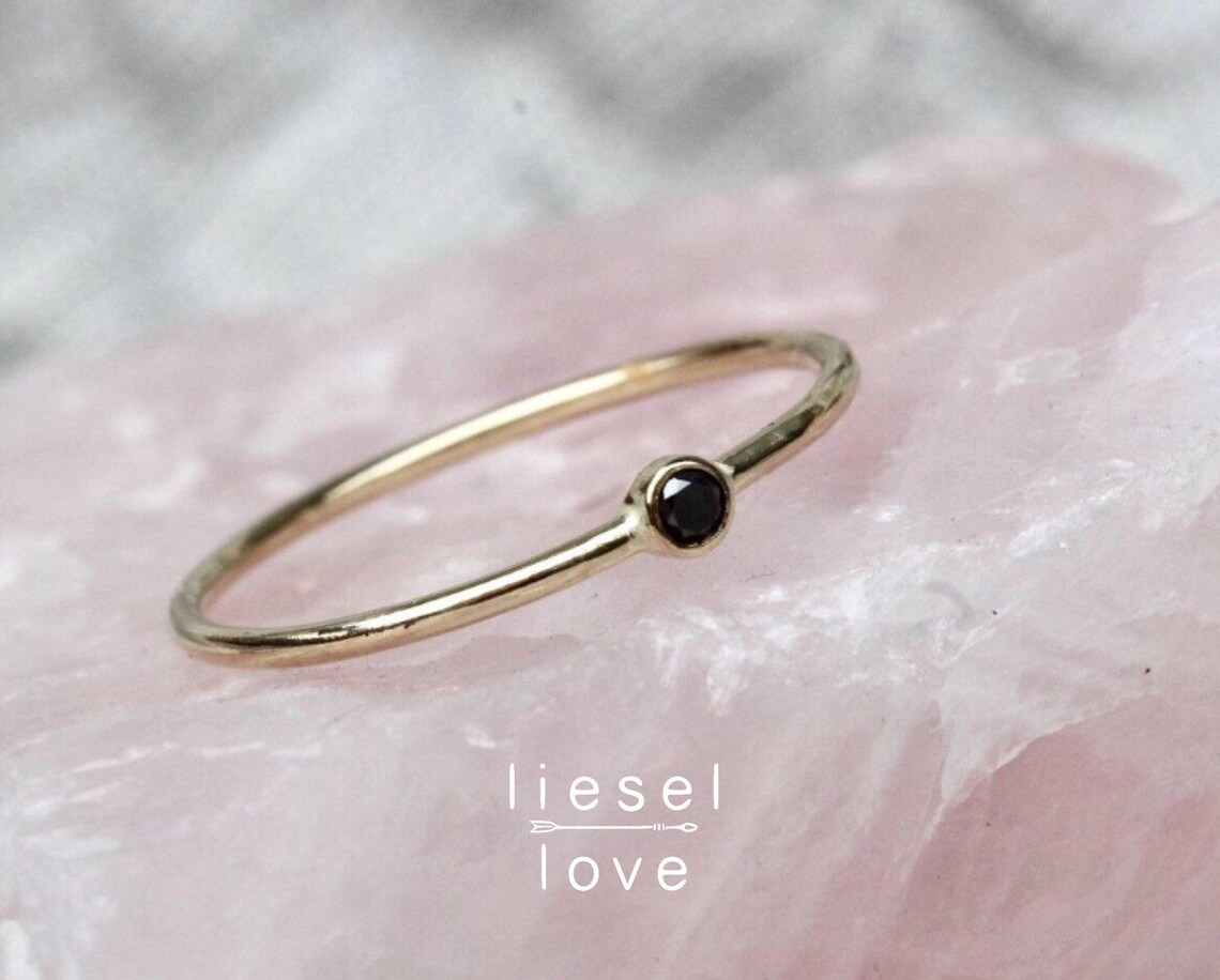 14K Gold Tiny Black Diamond Ring Black Diamond Ring Dainty | Etsy