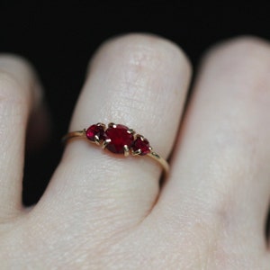 14K Gold Triple Ruby Ring Ring, Three Stone Ring, Ruby Jewelry, 10K Dainty Jewelry, July ...