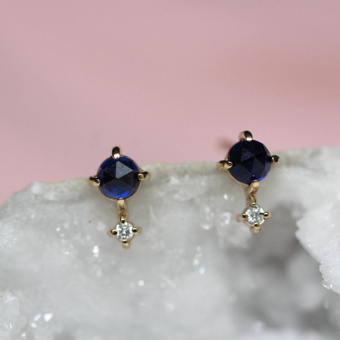 14K Gold Blue Sapphire Studs, Solid Gold Studs, Rose-cut Stone ...