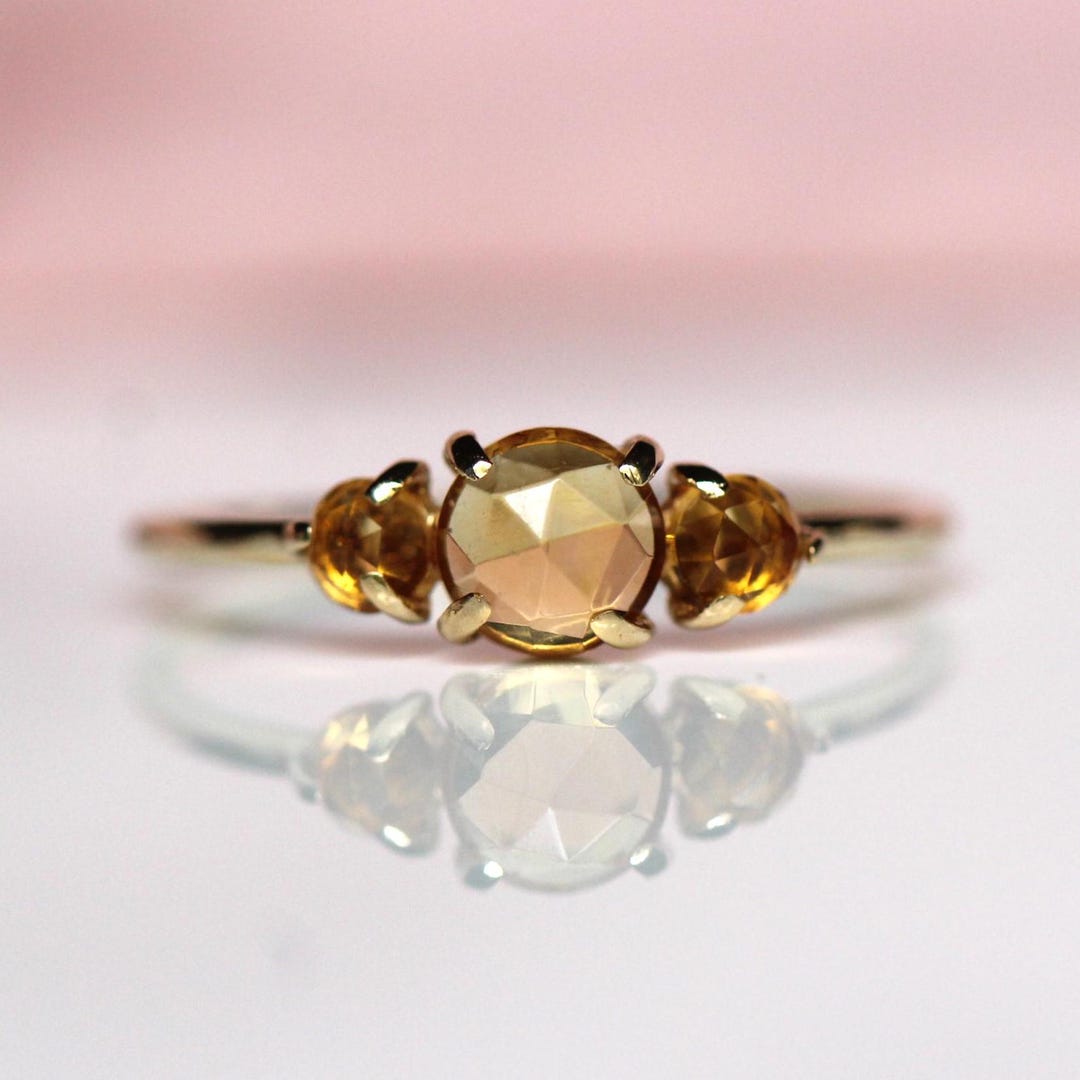 14K Gold Citrine Ring, Three Stone Ring, Rose Cut Citrine, 10K November ...