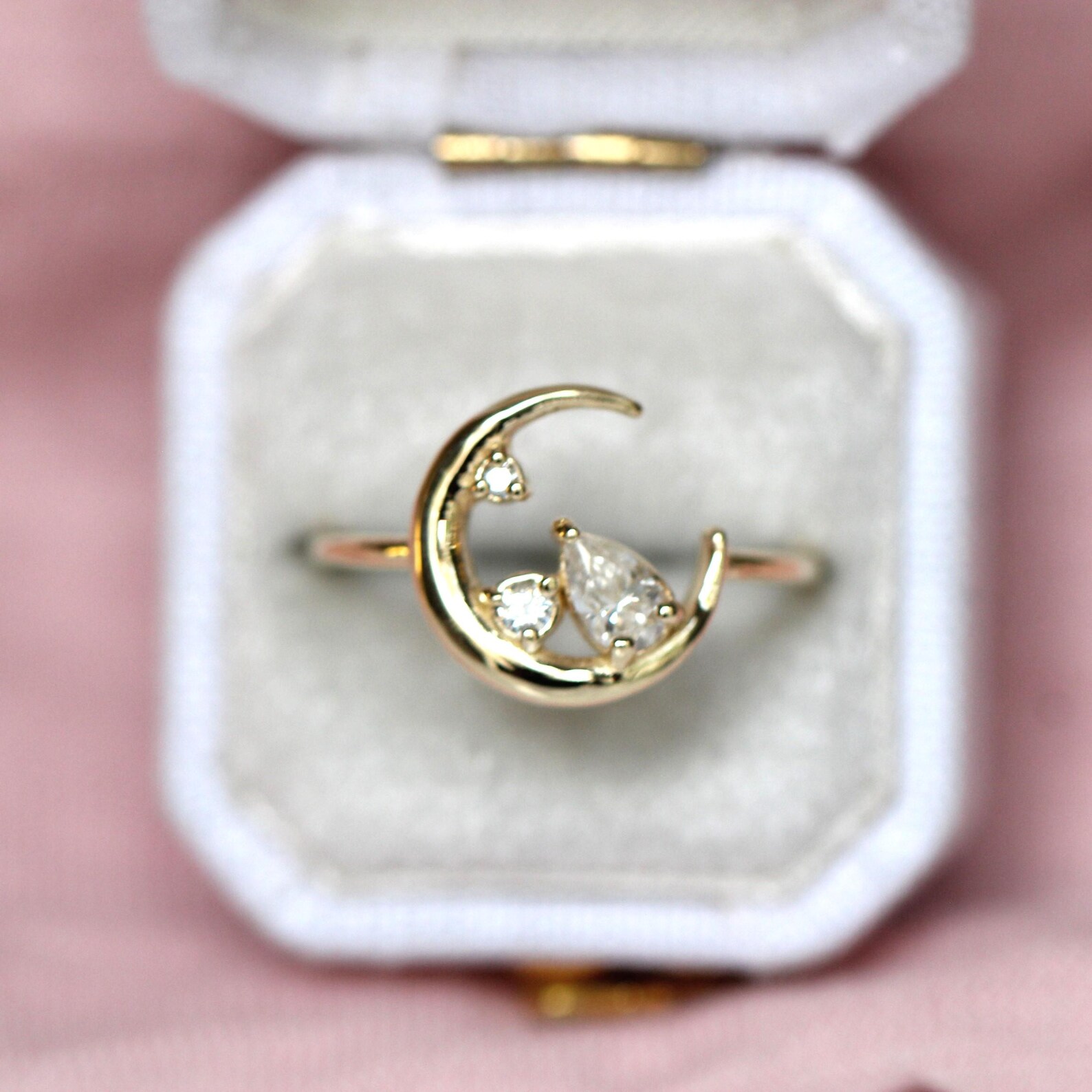 14K Moon Cluster Ring, 10K Gold, Solid Gold Ring, Half Moon Ring ...