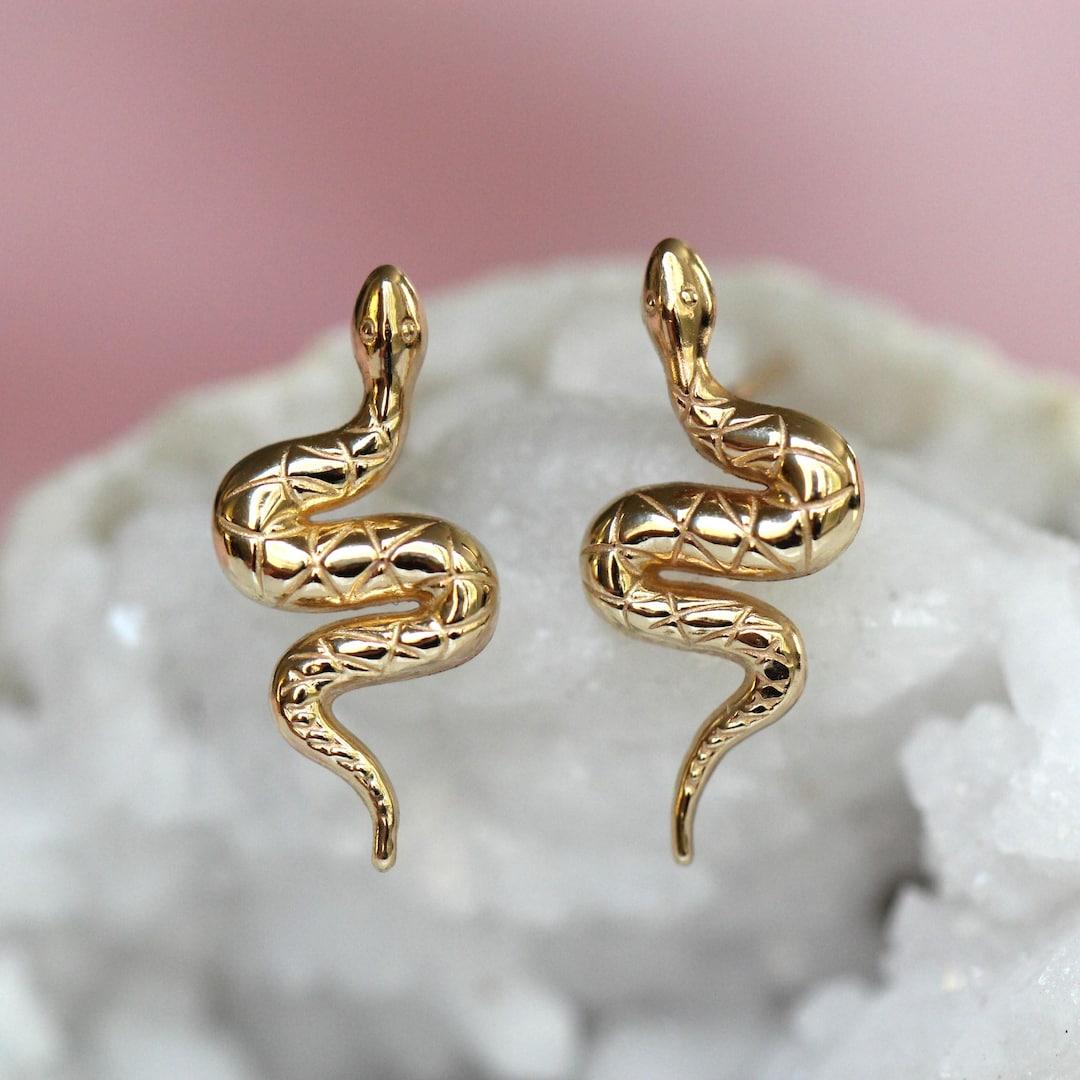 14K Gold Snake Studs, 10K Snake Earrings, Serpent Earrings, Post Studs ...