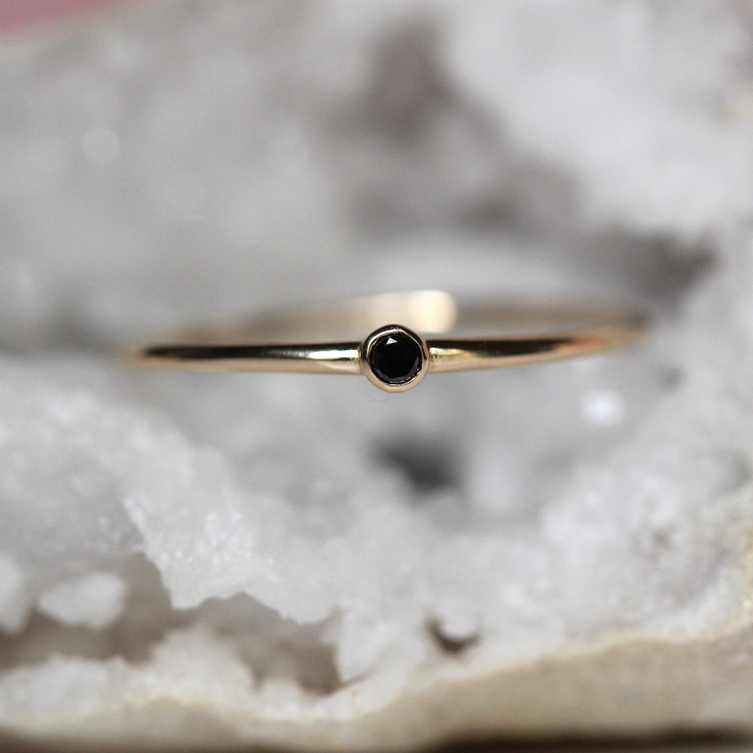 14K Gold Tiny Black Diamond Ring, Black Diamond Ring, Dainty Ring ...