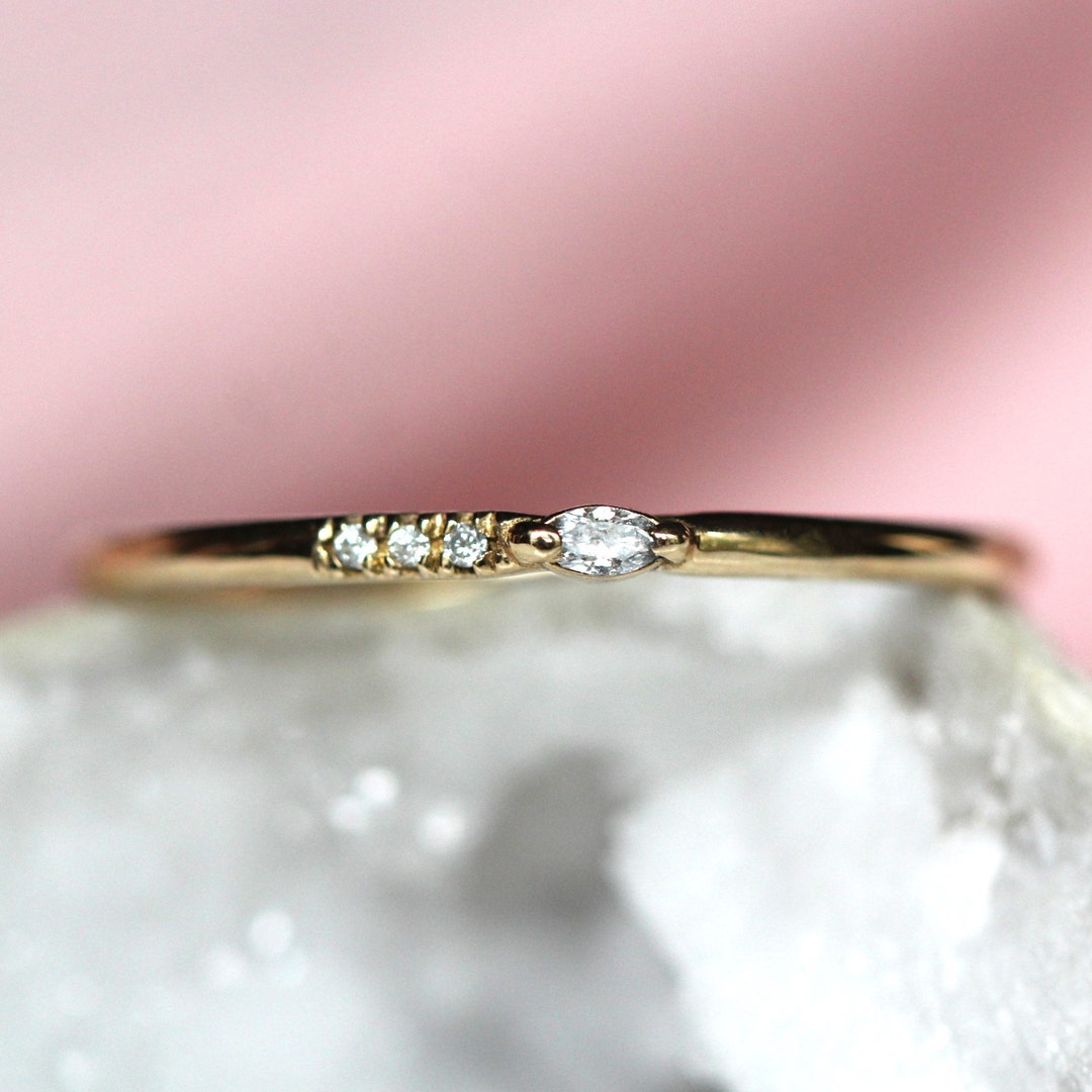 14K Gold Asymmetrical Marquise Diamond Ring, Dainty Diamond Ring, 10K ...
