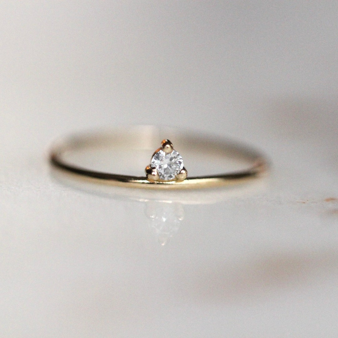 14K Gold Floating Diamond Ring, Solid Gold Stacking Ring, Dainty Ring ...