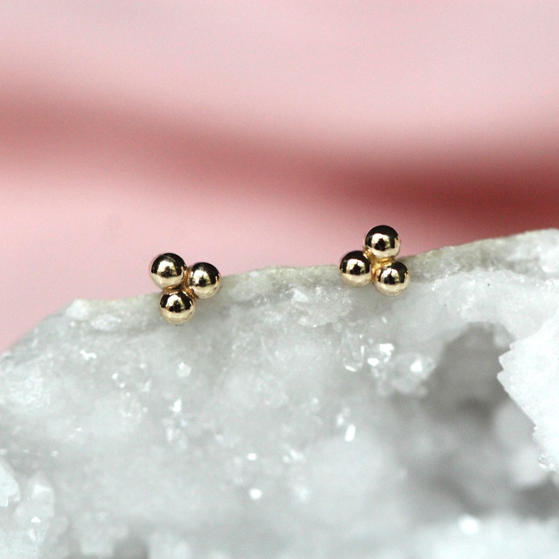 14k Gold Three Bead Stud - Etsy