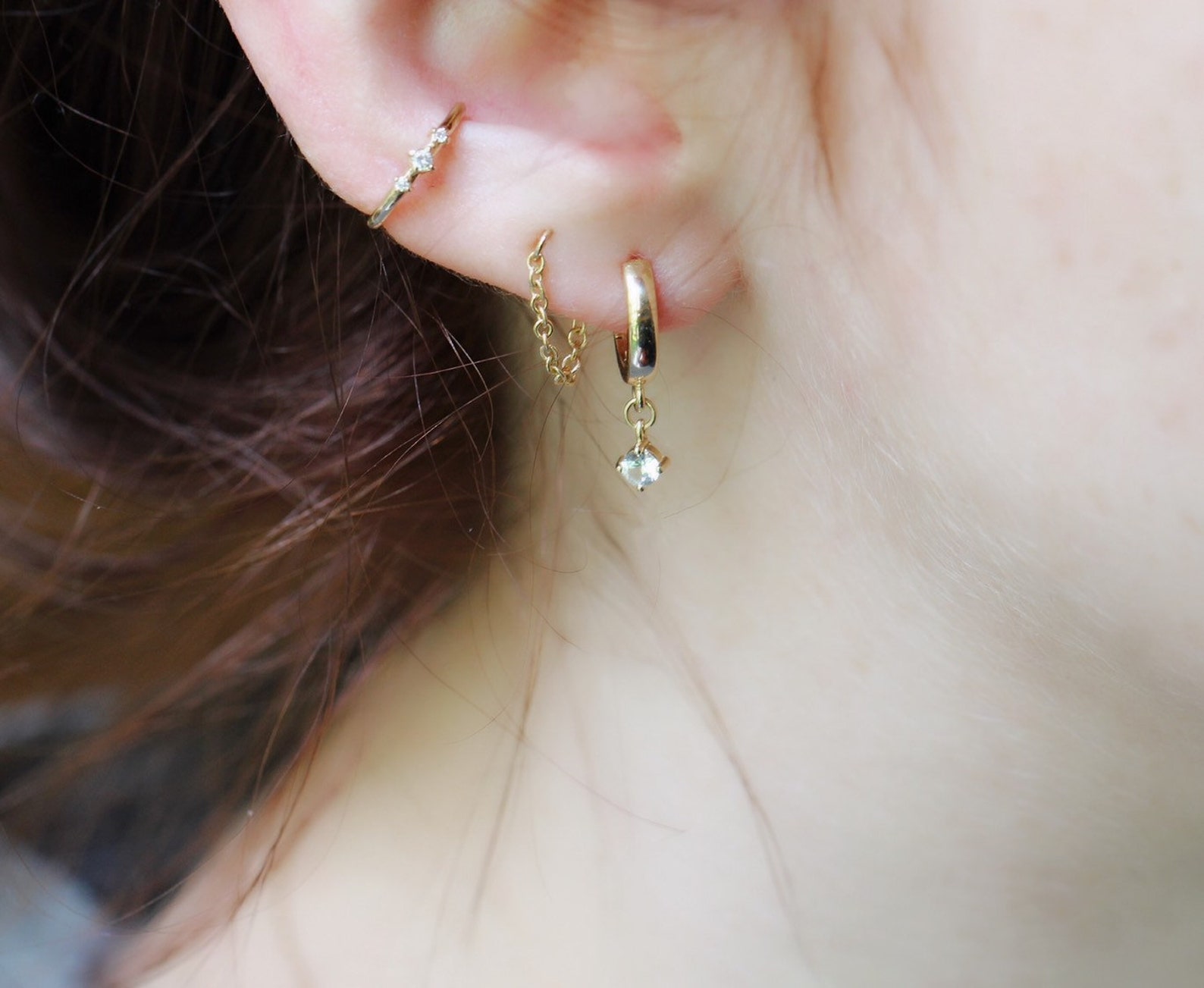 14K Gold Diamond Ear Cuff, Three Diamond, Non-piercing, Ear Wrap, Gold ...