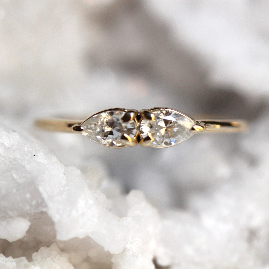 14K Gold Double Pear Diamond Ring, Two Stone Ring, Tear Shape, Drop ...