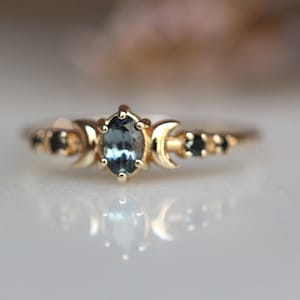 14K Moon Phase Ring, Grey Spinel and Black Diamond Ring, Double Moon ...