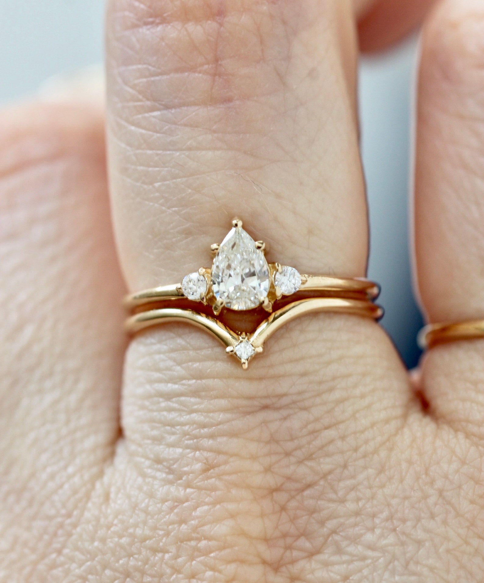14K Gold Diamond Pear Ring Three Stone Ring Pear Diamond | Etsy