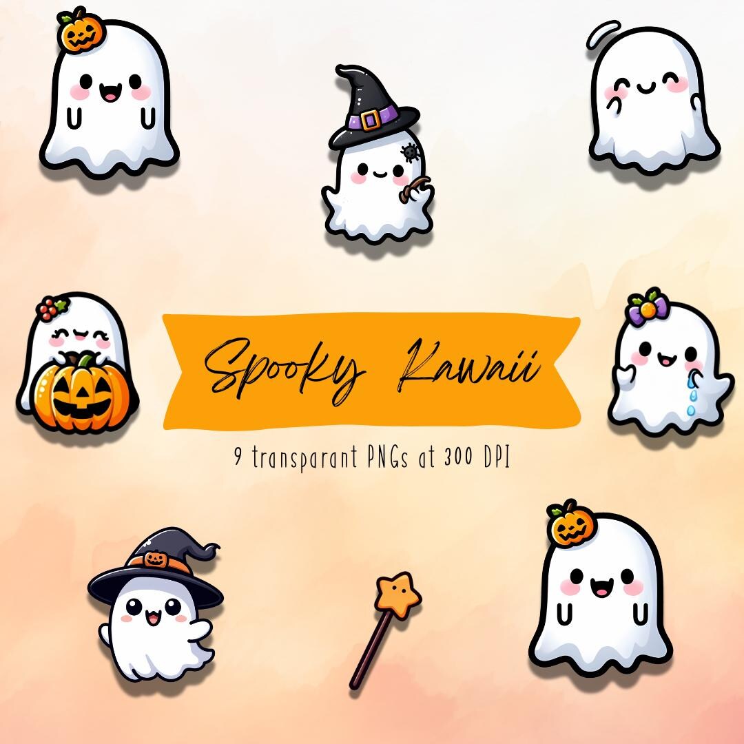 Kawaii Ghost Clipart Set 9 Cute Halloween PNG Images, 300 DPI ...