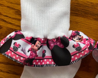 Minnie Mouse Applique Red Polka Dot Ruffle Ribbon Socks Vacation School ...