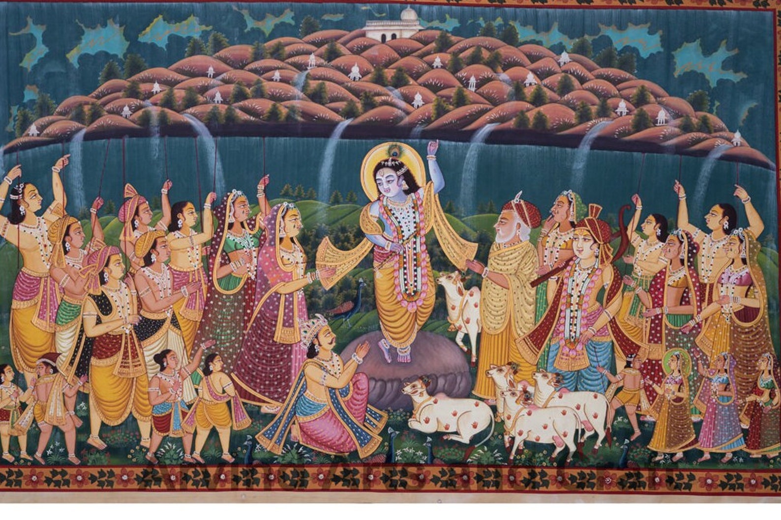 Krishna Lifting Giri Govardhan Parvat Mountain Hand Painted Pichwai ...