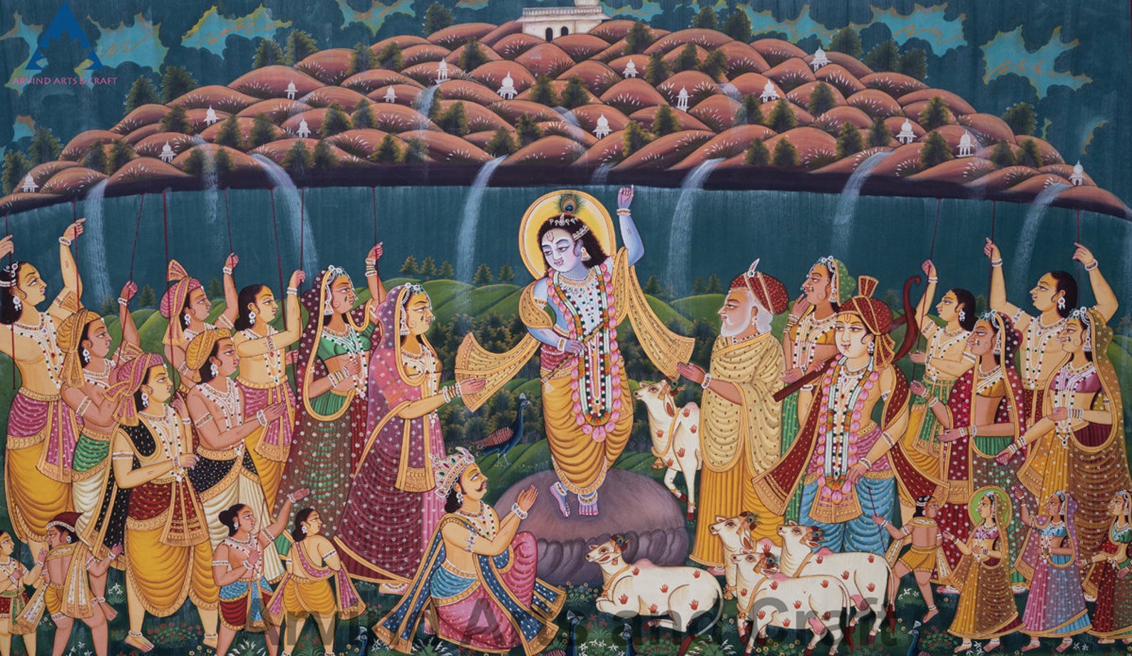 Krishna Lifting Giri Govardhan Parvat Mountain Hand Painted Pichwai ...