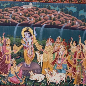 Krishna Lifting Giri Govardhan Parvat Mountain Hand Painted Pichwai ...