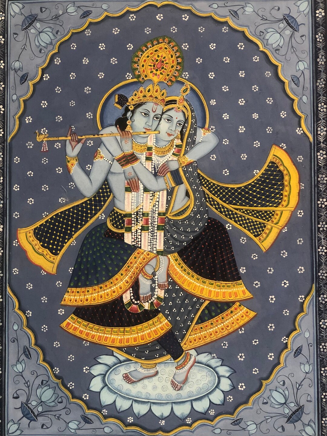 Blue Radha Krishna Love Secene Miniature Painting on Fabric , Lord ...