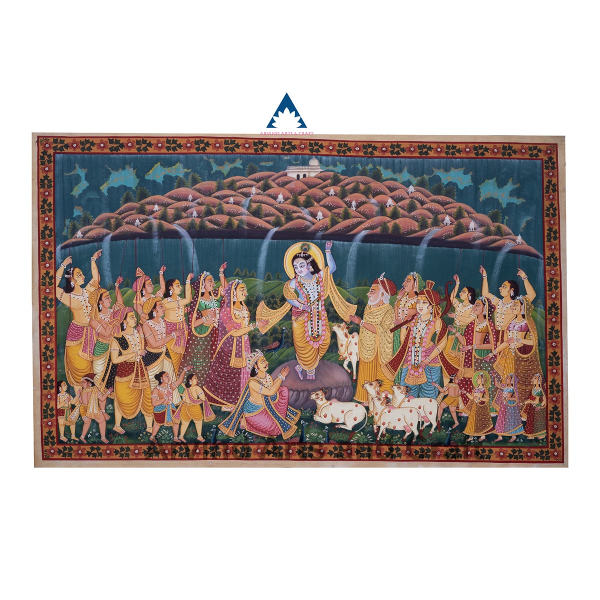 Krishna Lifting Giri Govardhan Parvat Mountain Hand Painted Pichwai ...