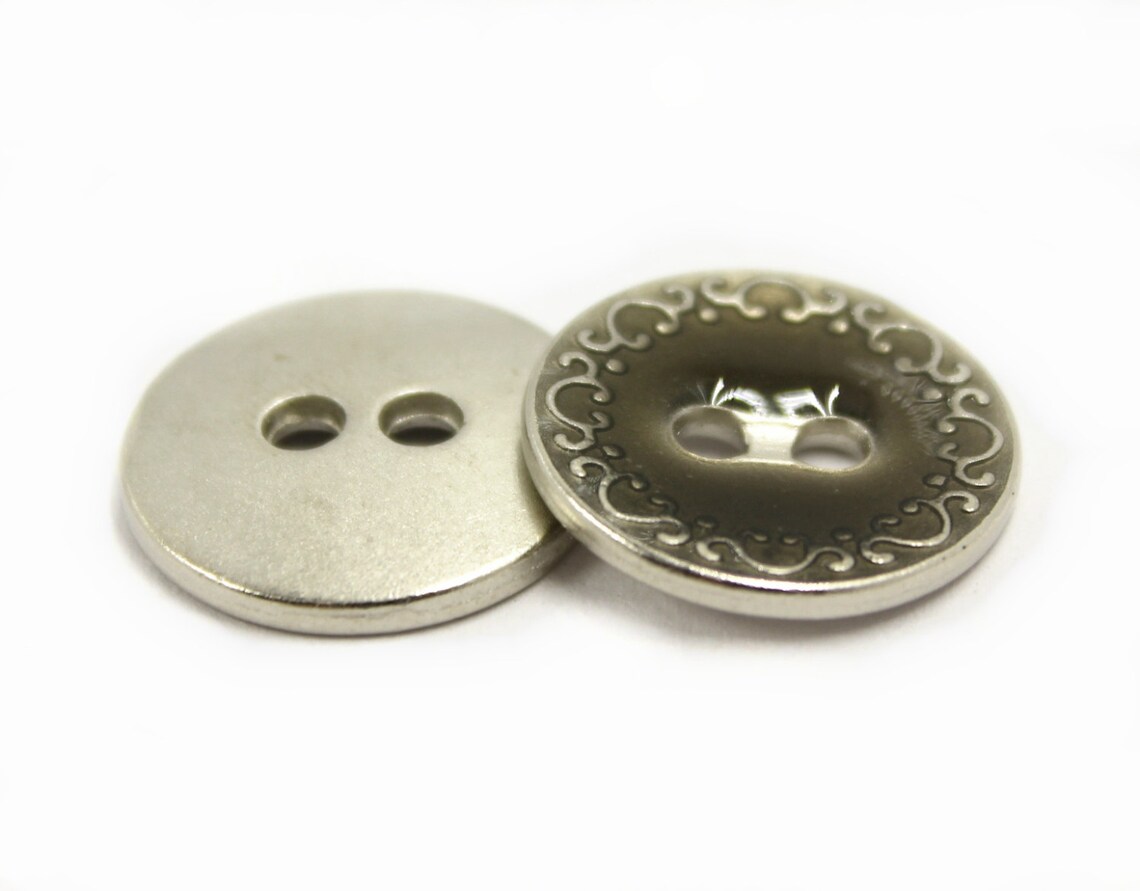 Metal Buttons - Aqua Misty Gray Enamel With Silver Scrollwork Edge ...
