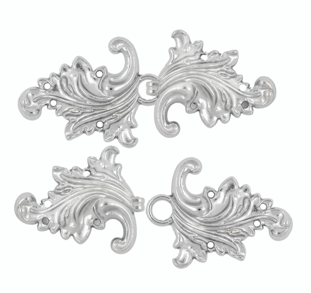 2 Pairs Asymmetric Acanthus Leaf Cloak Clasp Hook and Eye Shiny Silver ...