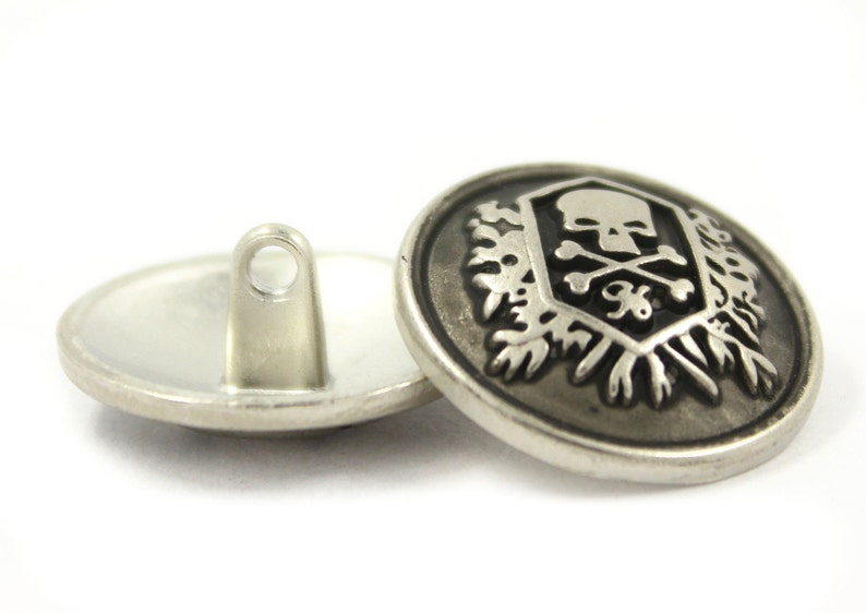 Metal Buttons - Silver Black Skull Emblem Pattern Metal Shank Buttons ...