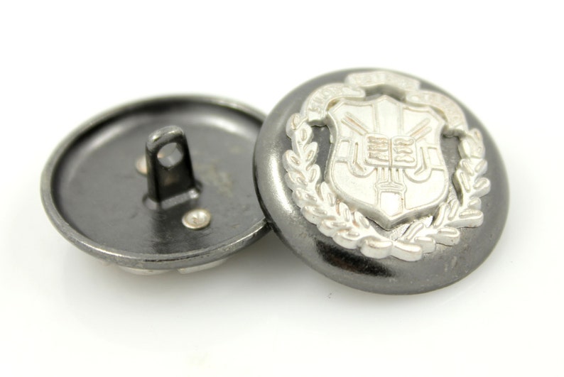 Metal Buttons - Silver Shield Emblem Gunmetal Back Metal Shank Buttons ...