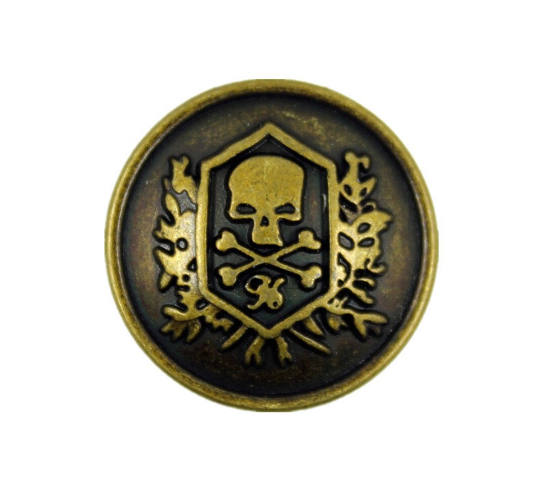 Metal Buttons - Antiqued Brass Skull Emblem Pattern Metal Shank Buttons ...