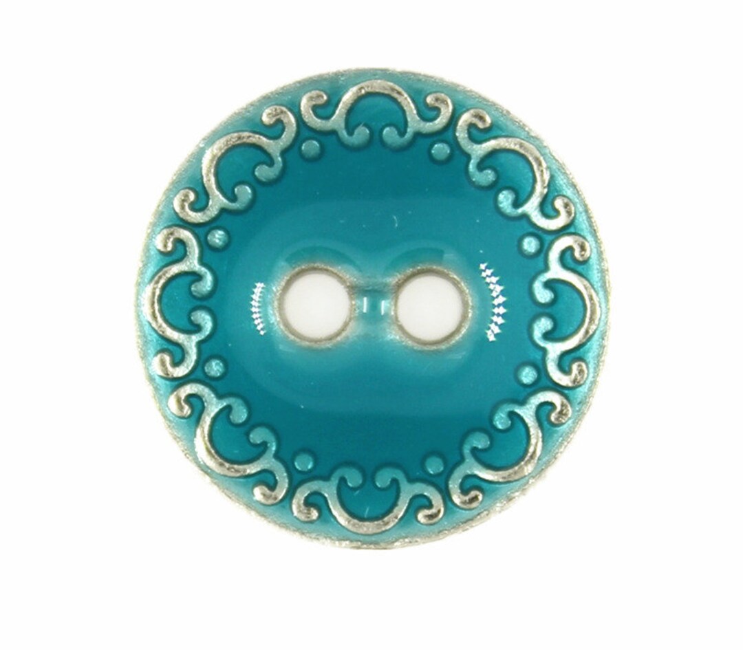 Metal Buttons - Aqua Blue Enamel With Silver Scrollwork Edge Metal Hole ...
