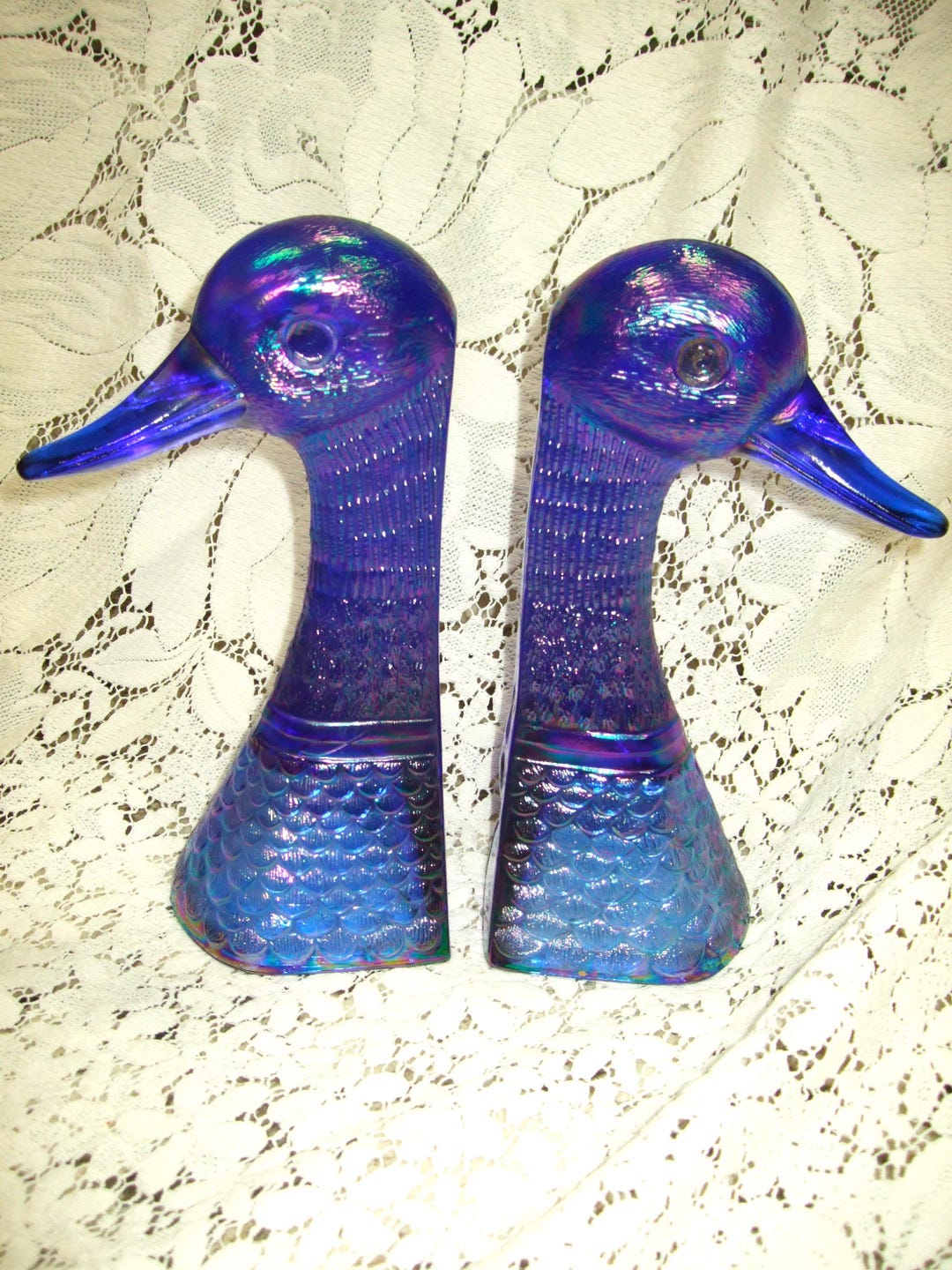 Vintage Bookends, Pair Blue Carnival Iridescent Glass Duck Bookends ...