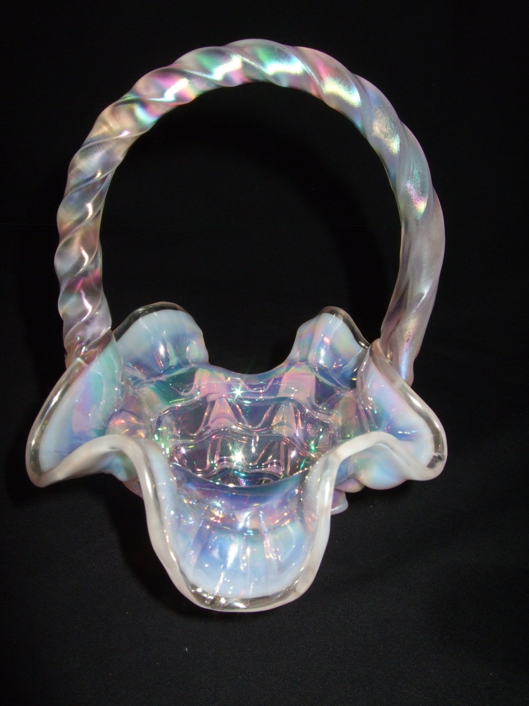 Fenton Glass Pink Iridescent Lambs Tongue Basket With Opalescent Handle ...