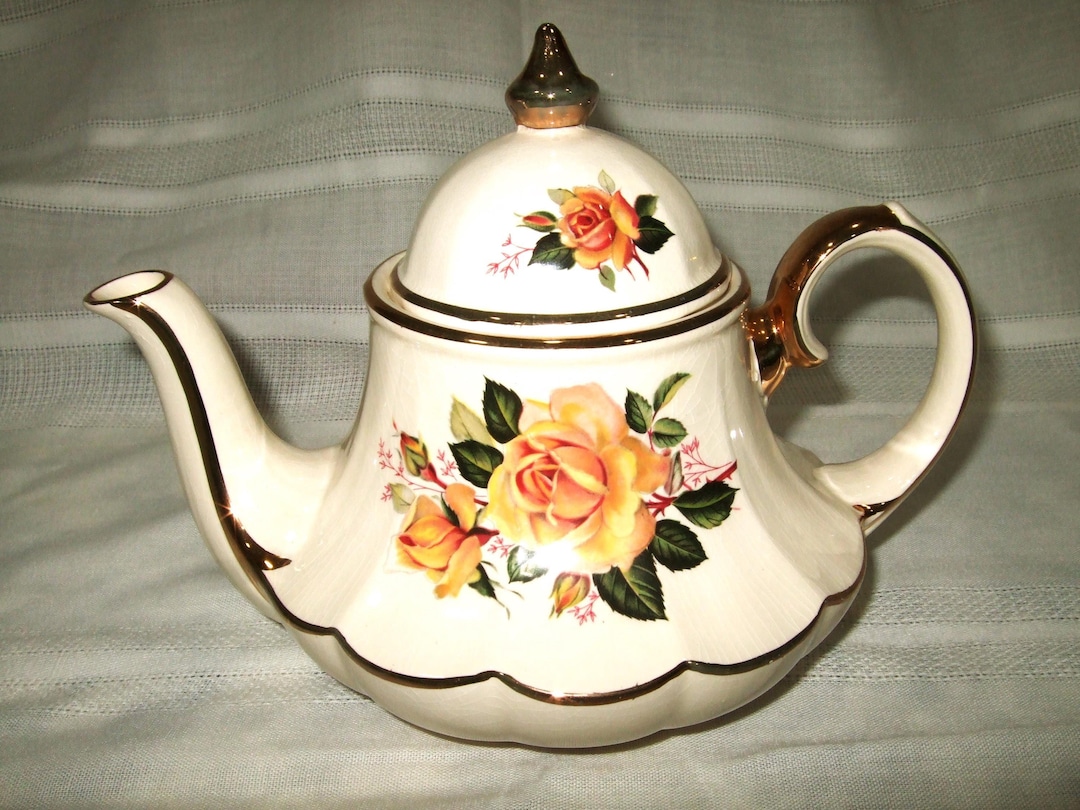 Vintage Sadler Teapot: Marquee Carousel Shape, Yellow Roses, Gold Trim ...
