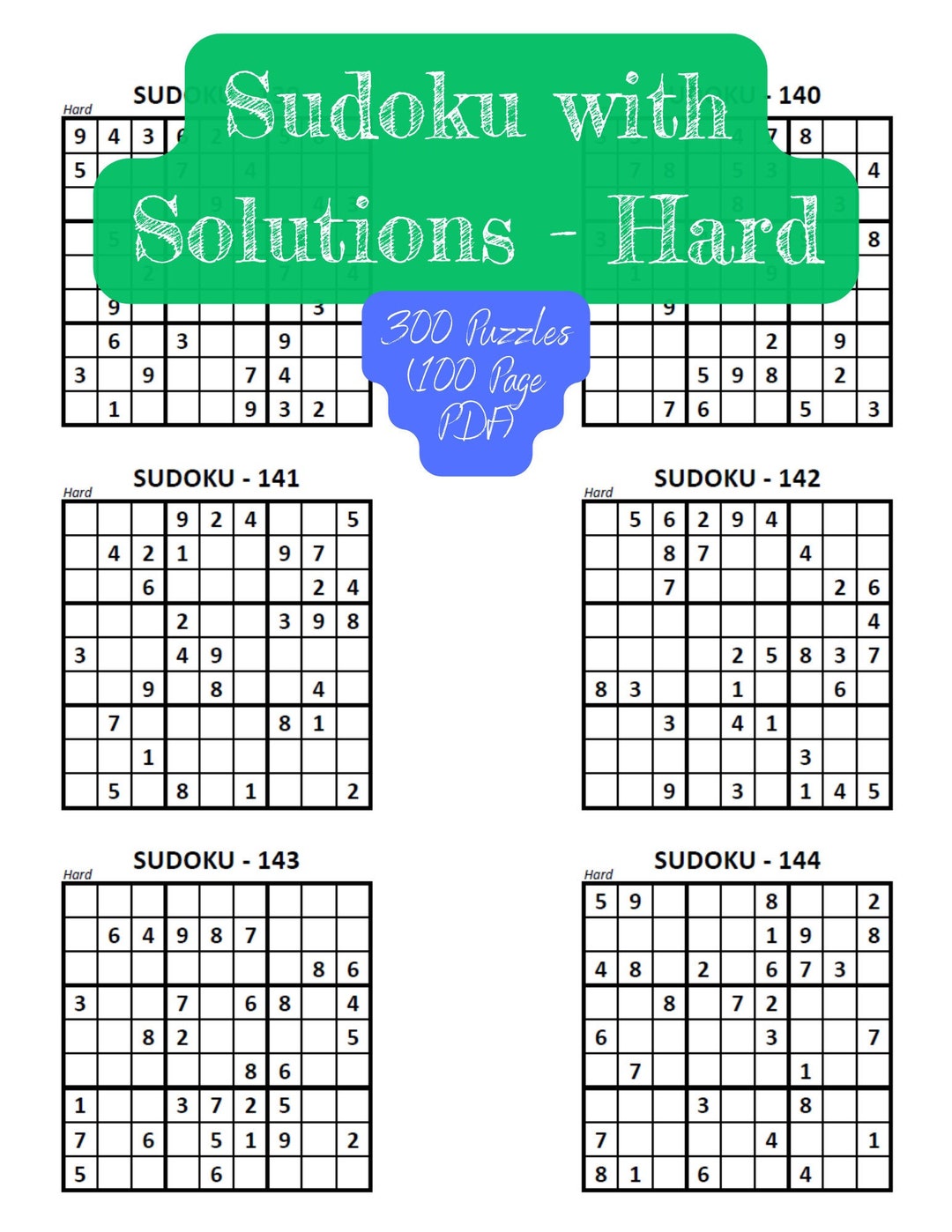 Printable/digital Download 300 Sudoku Puzzles (solutions Incl.) - Hard ...