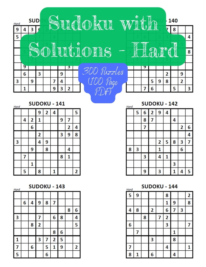 Printable/digital Download 300 Sudoku Puzzles (solutions Incl.) - Hard ...