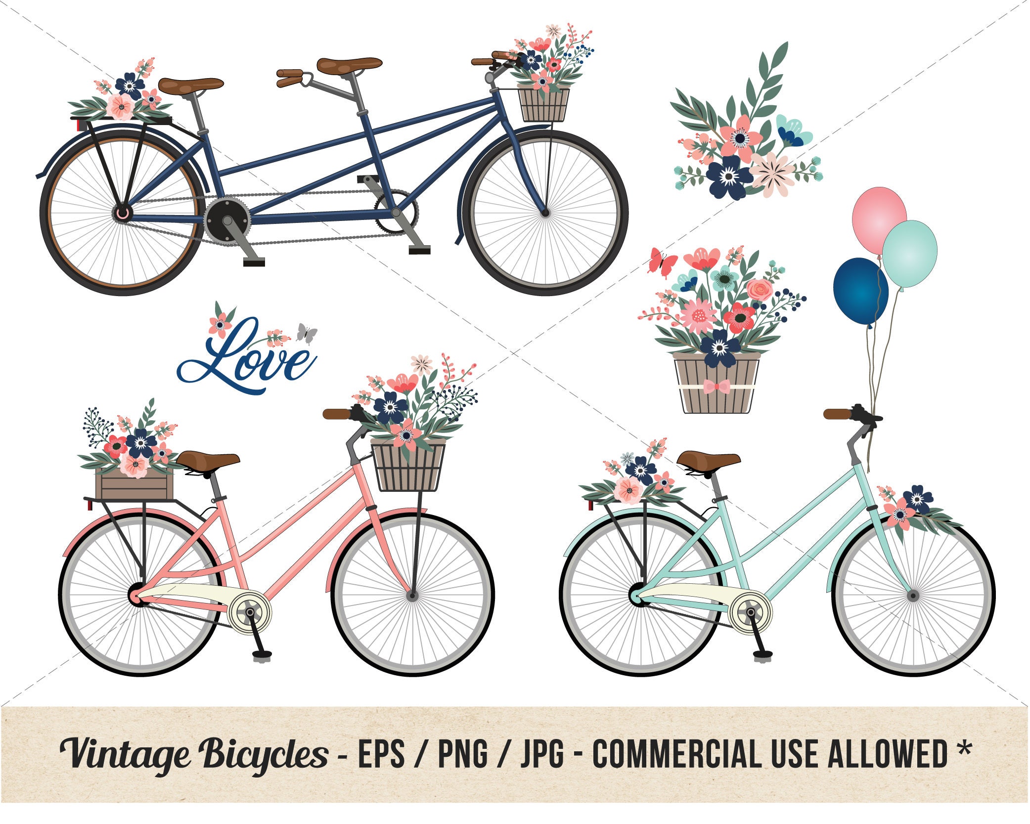 Floral Tandem Bicycle Clipart - Retro Flower Basket Bike - Amsterdam ...