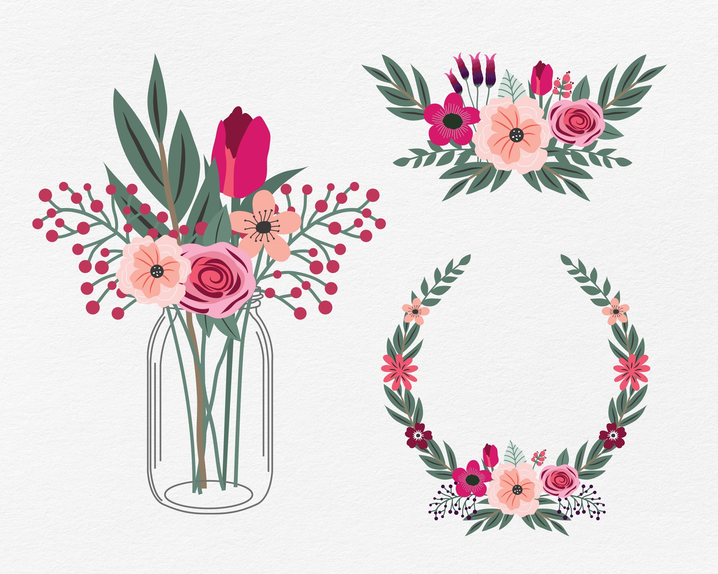 Spring Flowers Clipart, Wildflower Graphics, Floral Bouquet, Mason Jar ...