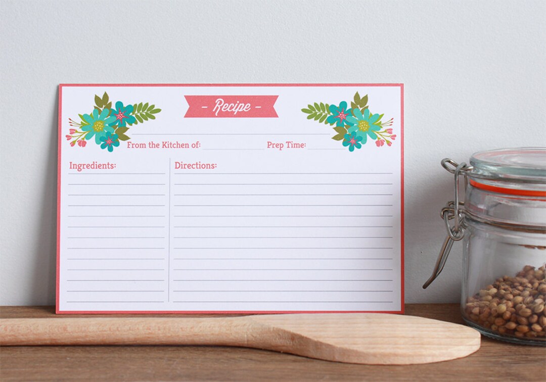 EDITABLE Floral Recipe Card Template 8 Dividers Folk Floral Blue, Coral ...