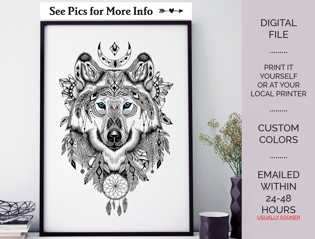 Aztec Wolf Printable DIGITAL DOWNLOAD, Choose Your Colors, Wolf Wall ...