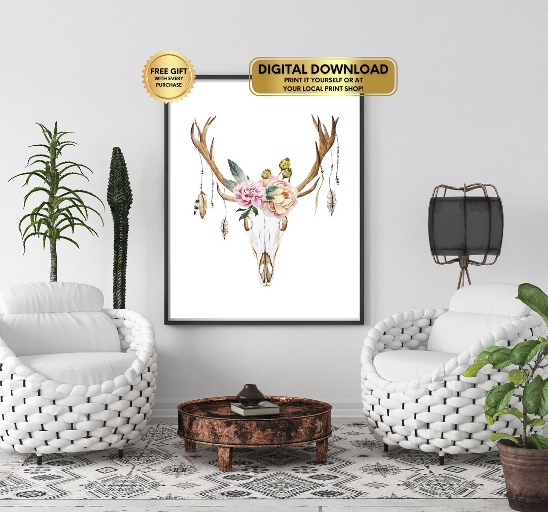 Boho Deer Skull With Wildflowers Printable DIGITAL DOWNLOAD, Deer Wall ...