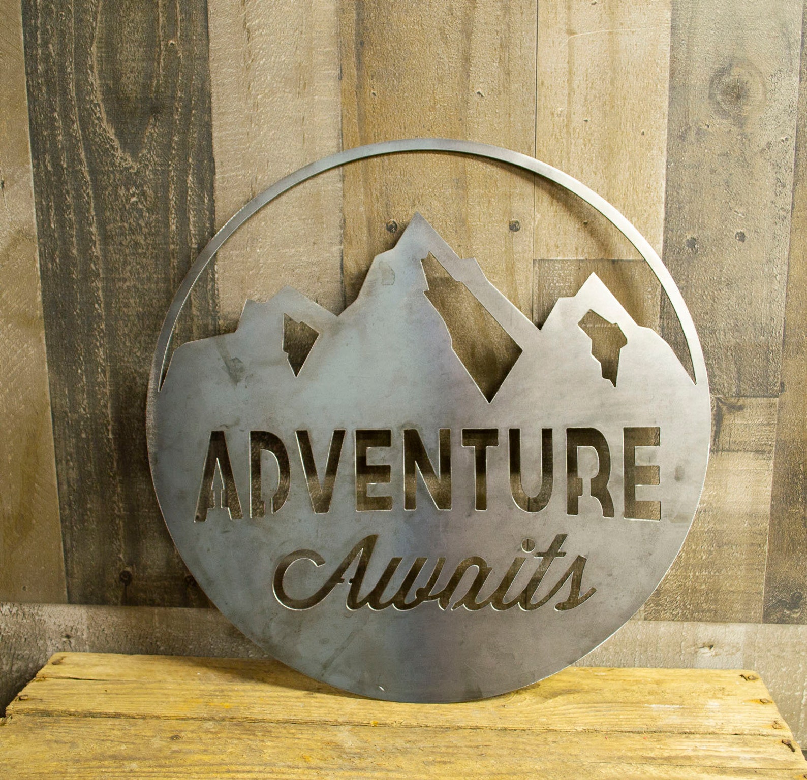 Custom Personalized Adventure Awaits Round Metal Sign | Etsy