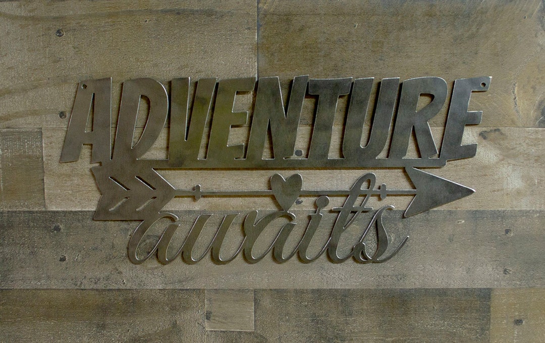 Adventure Awaits Metal Wall Sign, Arrow, Modern Farmhouse, Hiking ...