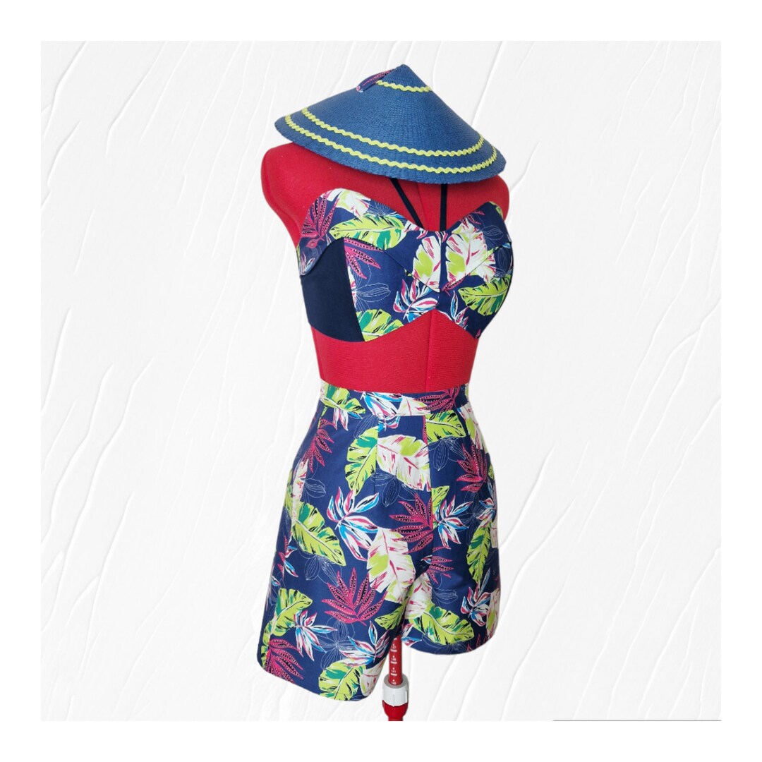 1950's Style, Tiki Set Bra Topshortsconical Hat, Blue Hawaiian Fabric ...