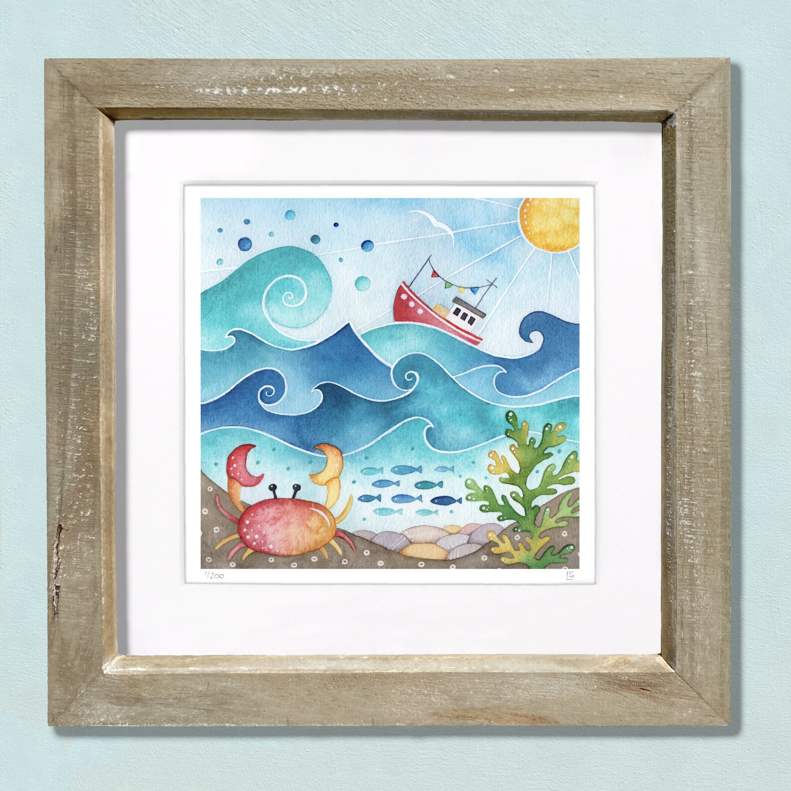 Framed Seaside Print Wall Art. Crab and Fishing Boat Scottish ...