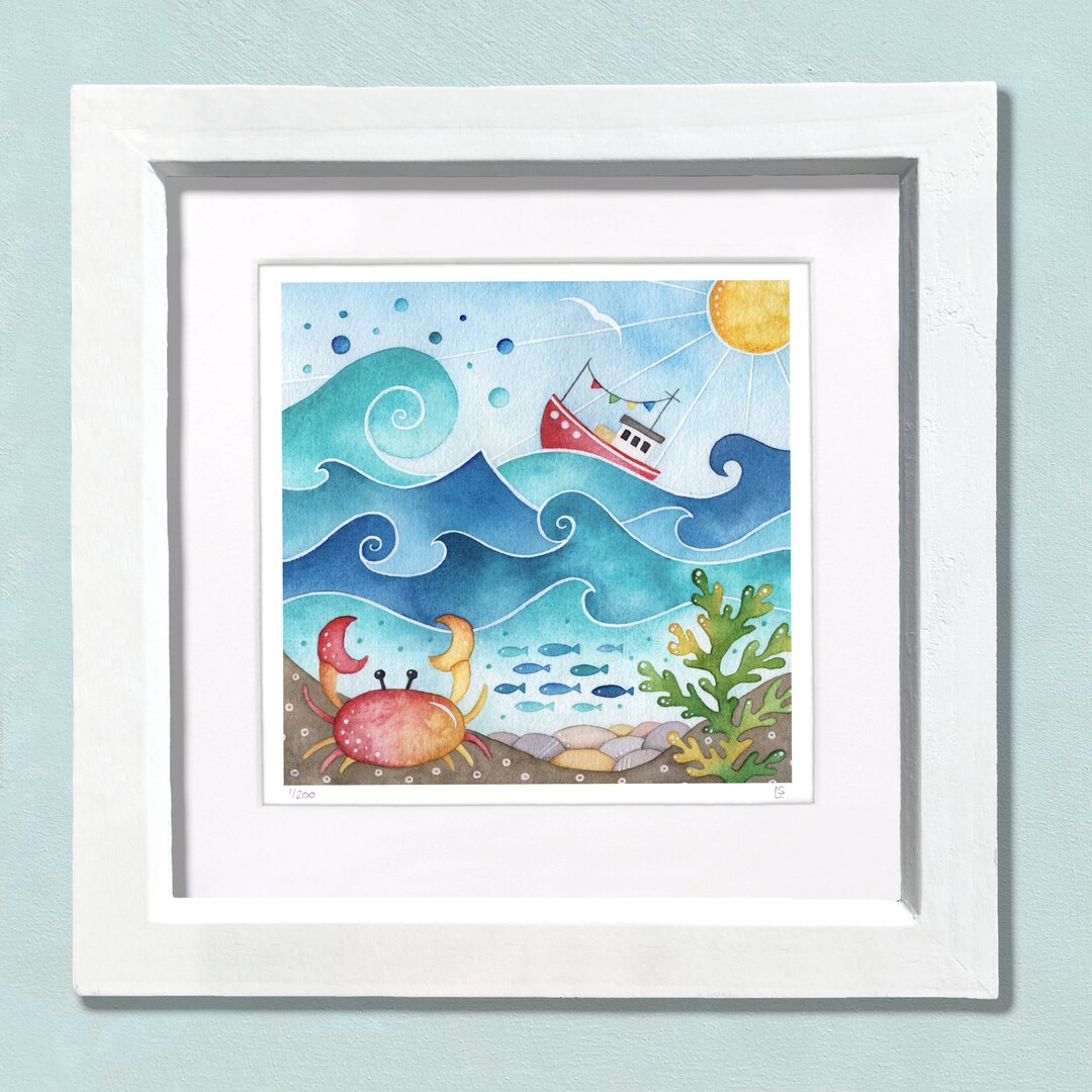 Framed Seaside Print Wall Art. Crab and Fishing Boat Scottish ...