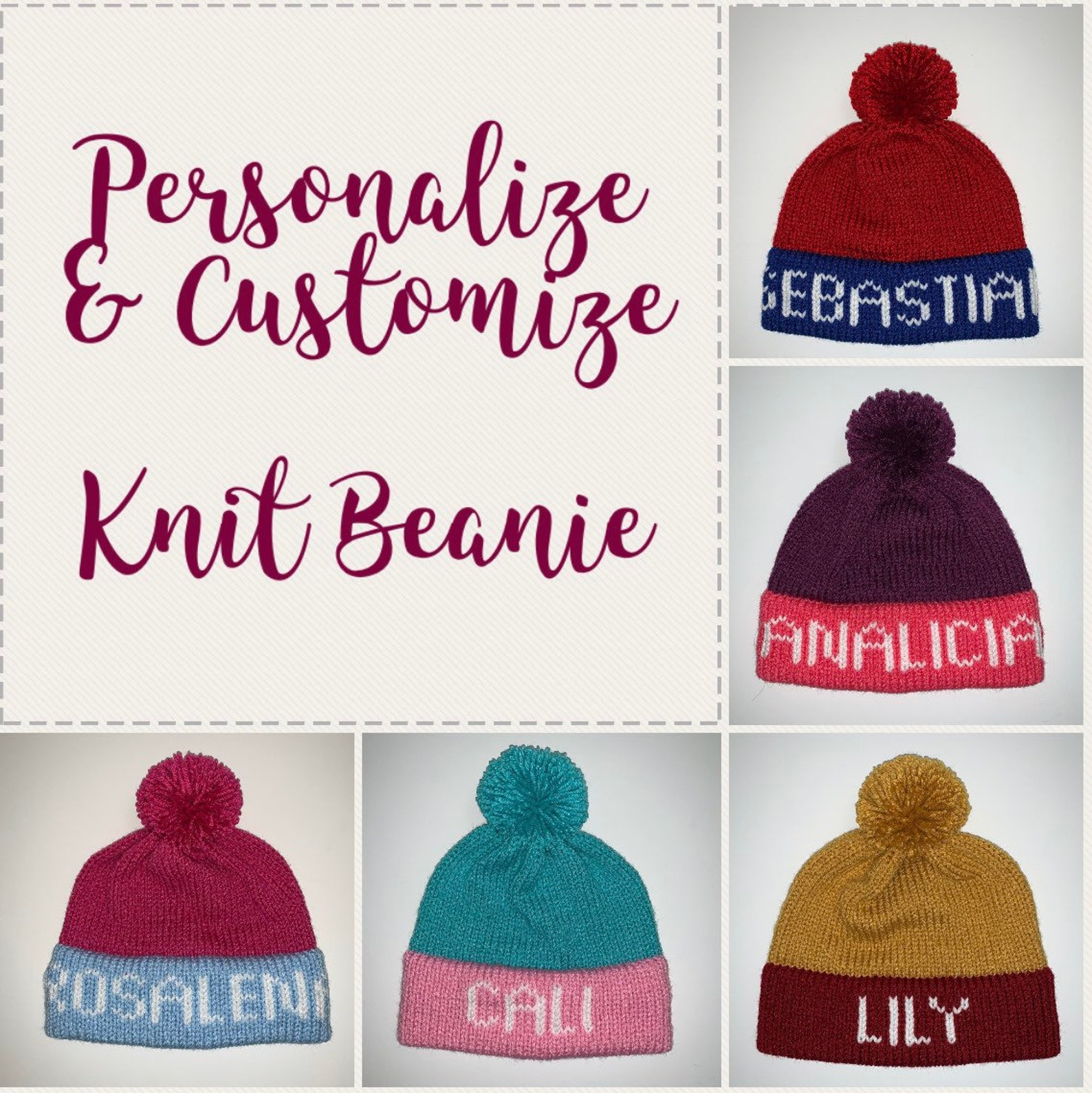 Personalized Knit Beanie With Large Text and Medium Pom Made | Etsy